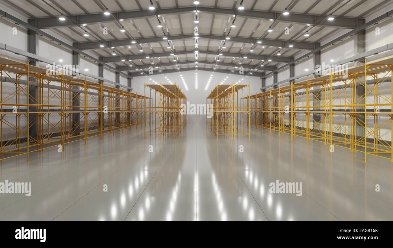 Empty steel shelves rack in new modern large warehouse. 3D illustration ...