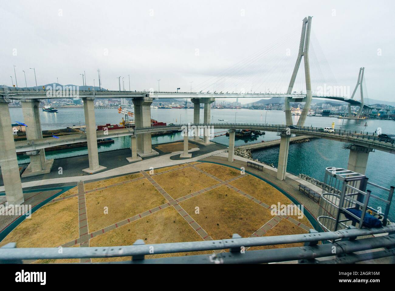 BUSAN, SOUTH KOREA - Oct, 2019 Spiral road ramp of Busan North Port ...
