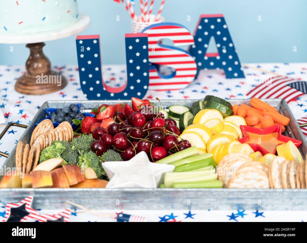 Snack tray with fresh fruits, vegetables, and dips at the July 4th ...