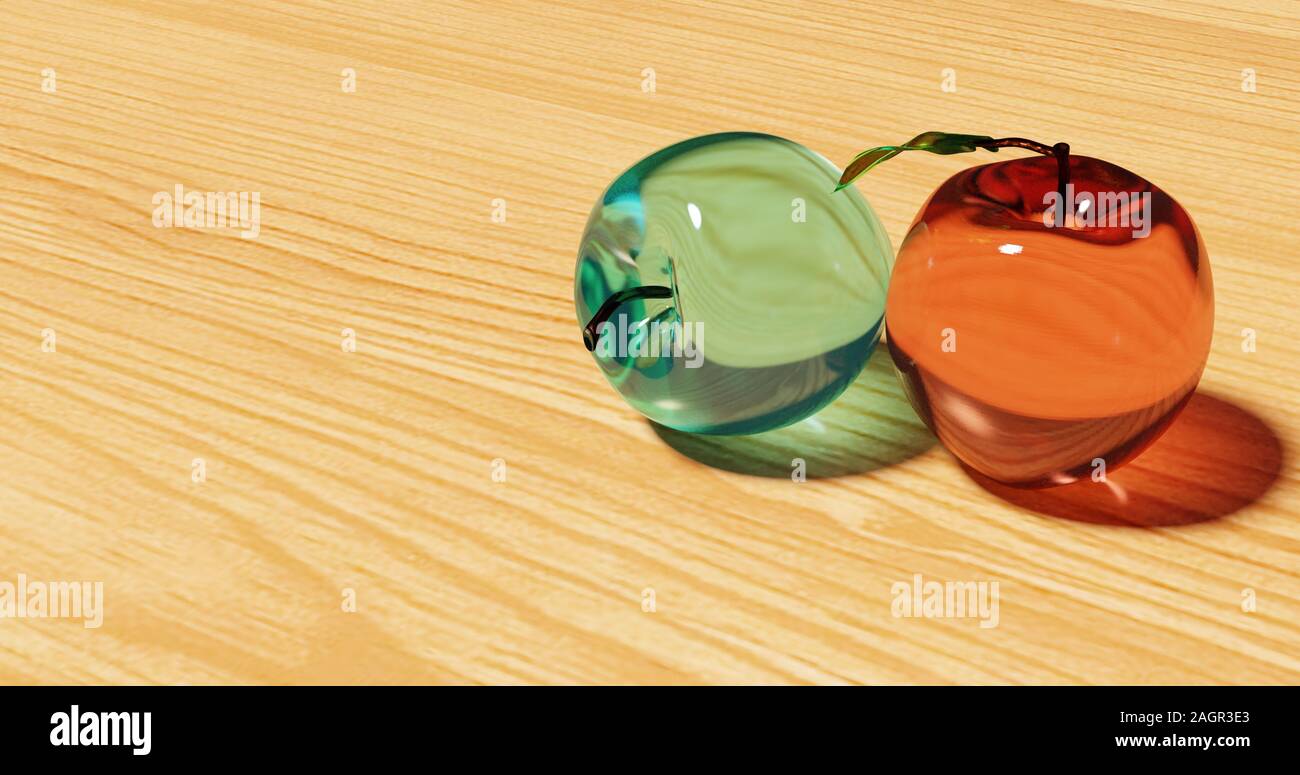 Two colorful glass/crystal apples isolated on a wood texture background ...