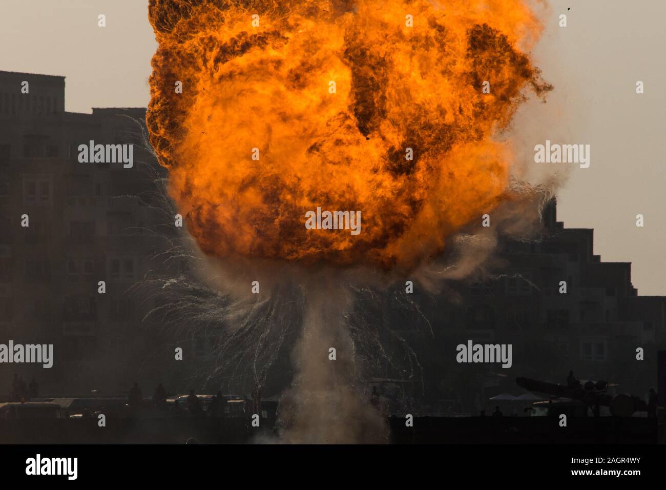 Military strike or bomb in war causes fire ball and explosion amid ...