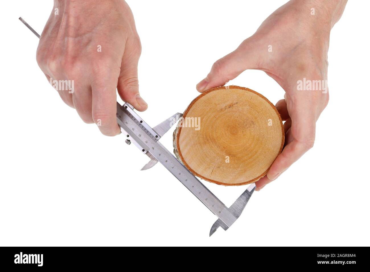 An elderly home carpenter measures the diameter of a birch cross ...