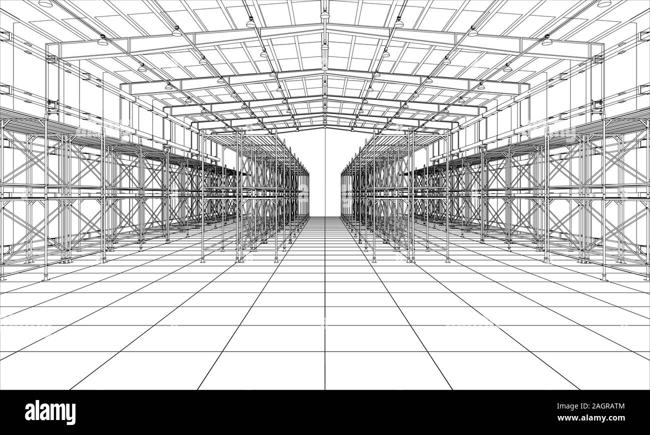 Drawing or sketch of a large warehouse with shelves. Vector obtained ...