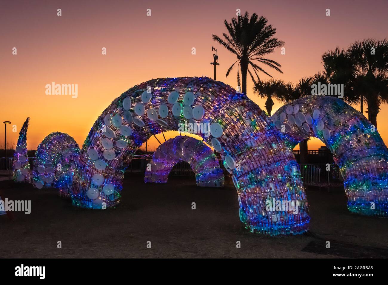 Sea serpent sculpture made of repurposed plastic bottles and Christmas ...