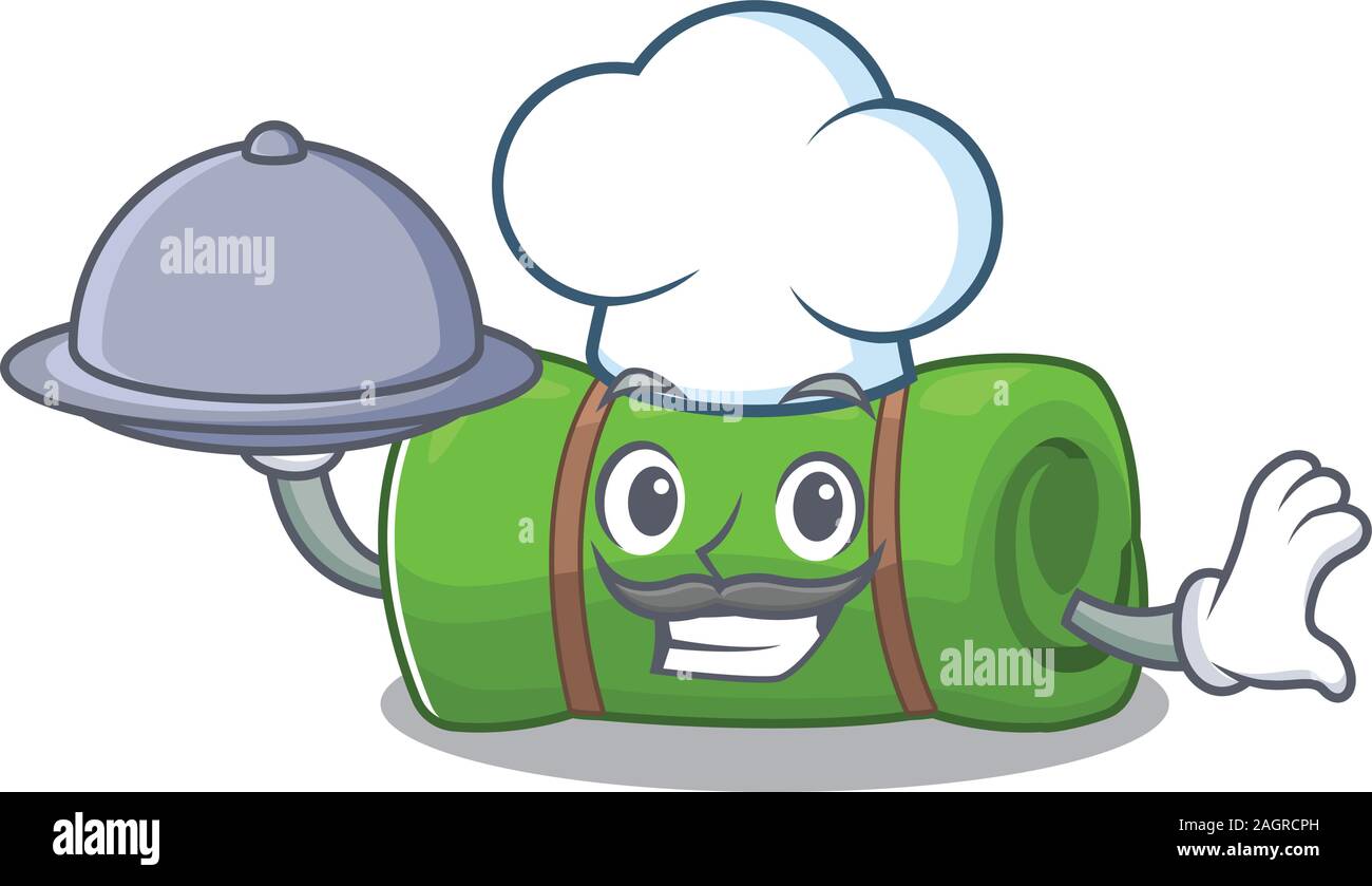 cartoon design camping mat Scroll as a Chef with food on tray Stock ...