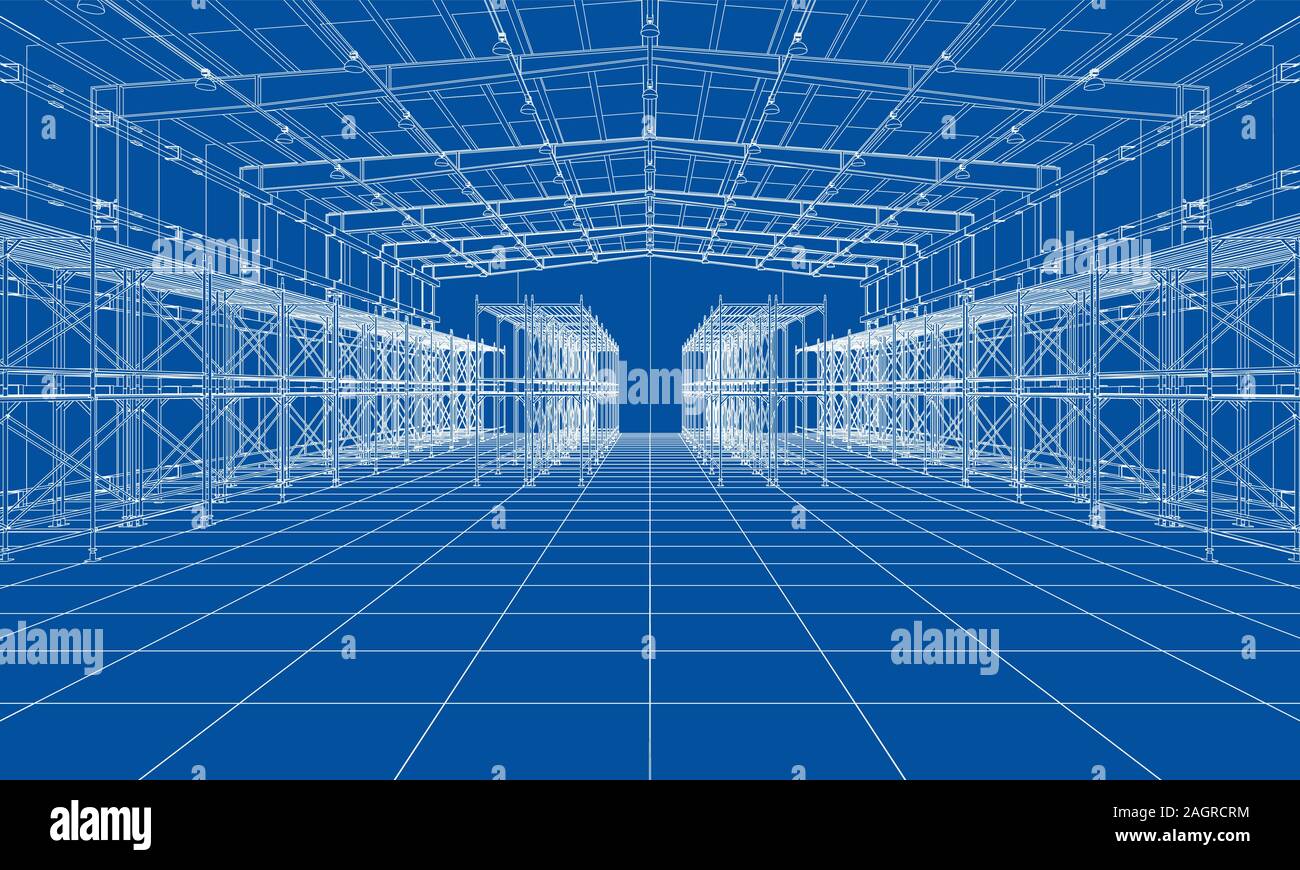 Drawing or sketch of a large warehouse with shelves. Vector obtained ...