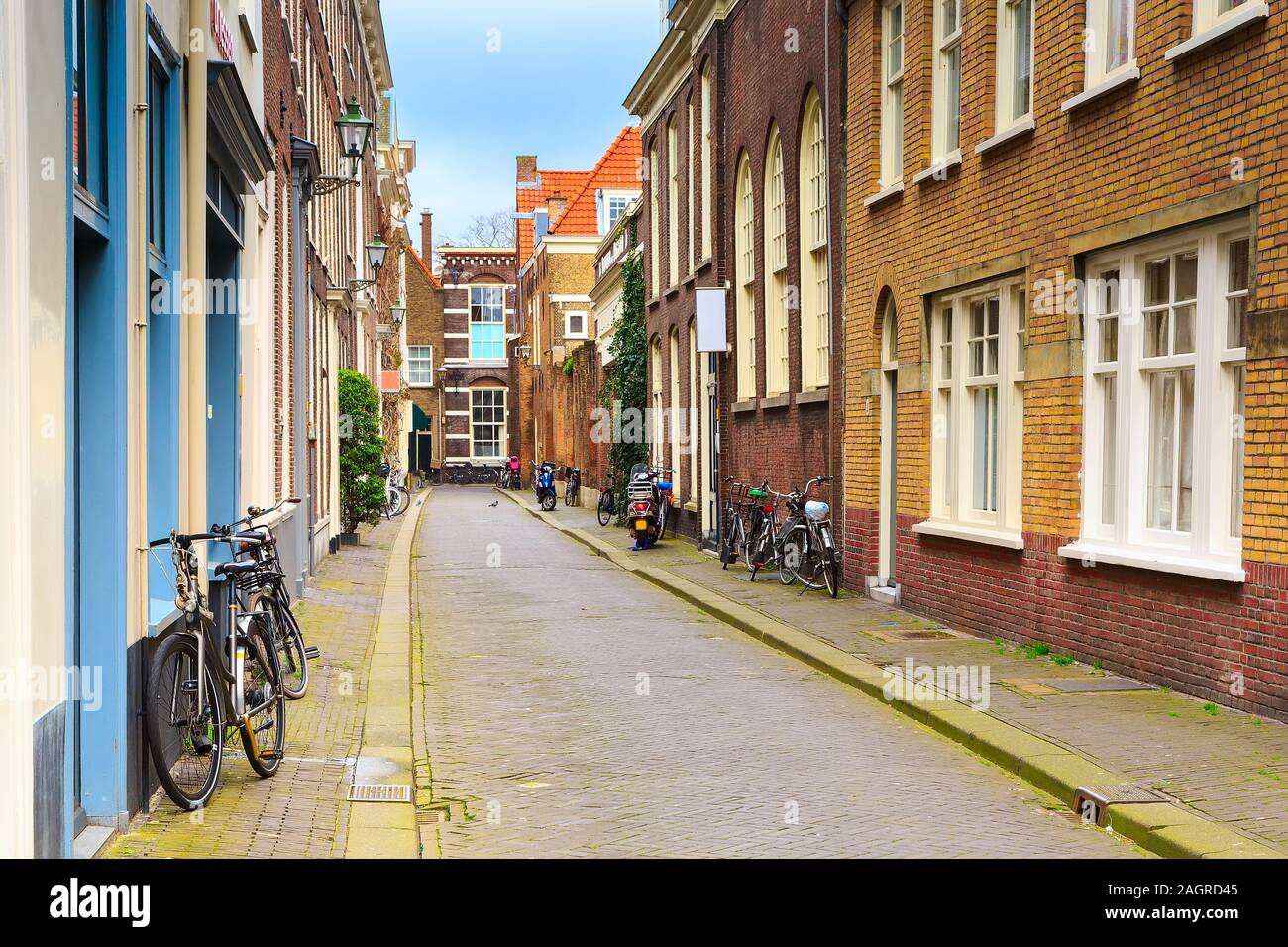 Hague, Netherlands street view with traditional dutch houses and ...