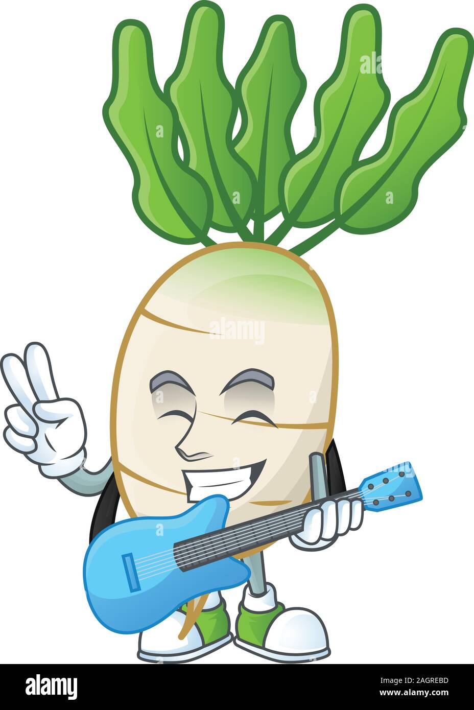 Cute and cool daikon cartoon character performance with guitar Stock ...