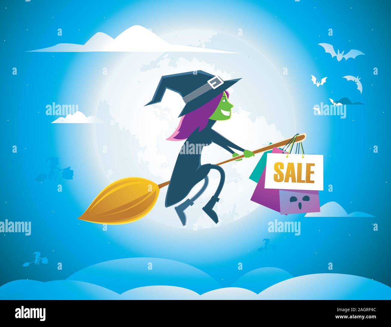 witch riding a magic broom. Vector Illustration Stock Vector Image ...