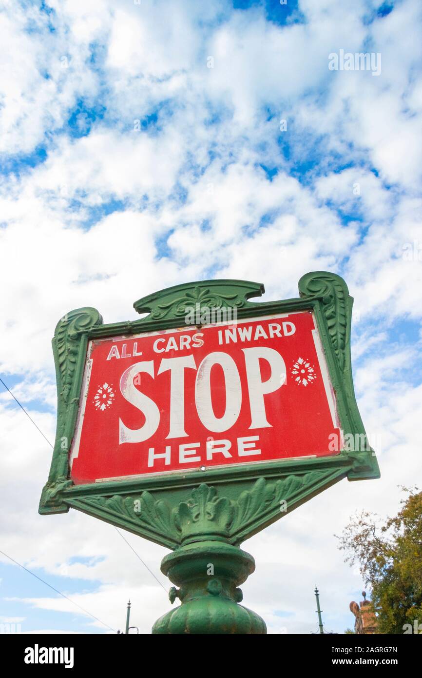 cast iron vintage tram stop sign at the The National Tramway Museum ...