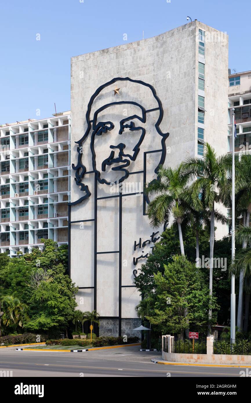 Che Guevara as an art installation on a wall at the Revolution Square ...