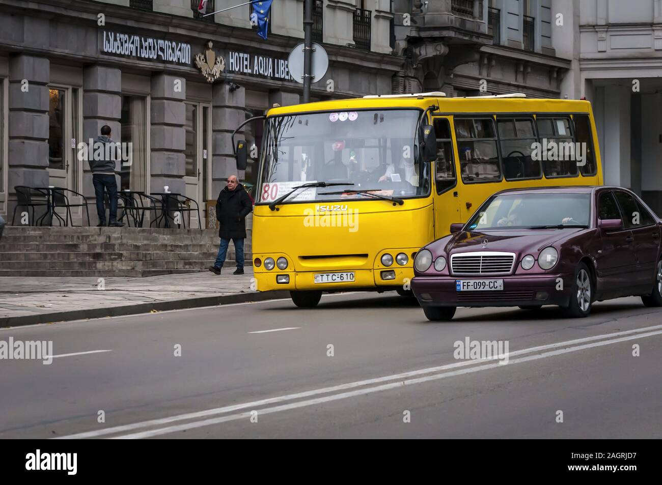 TBILISI, GEORGIA. November 23, 2019. A typical yellow route commuter ...
