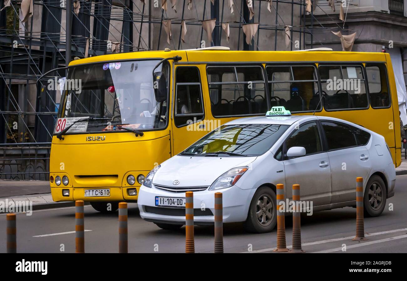 TBILISI, GEORGIA. November 23, 2019. A typical yellow route commuter ...
