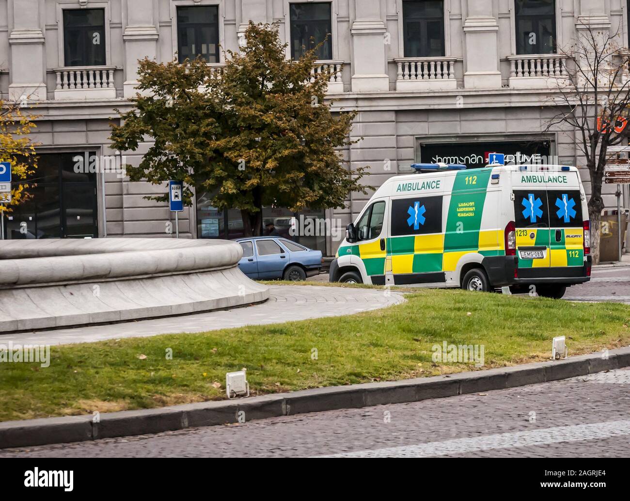 TBILISI, GEORGIA. November 23, 2019. An ambulance car rushing to a ...
