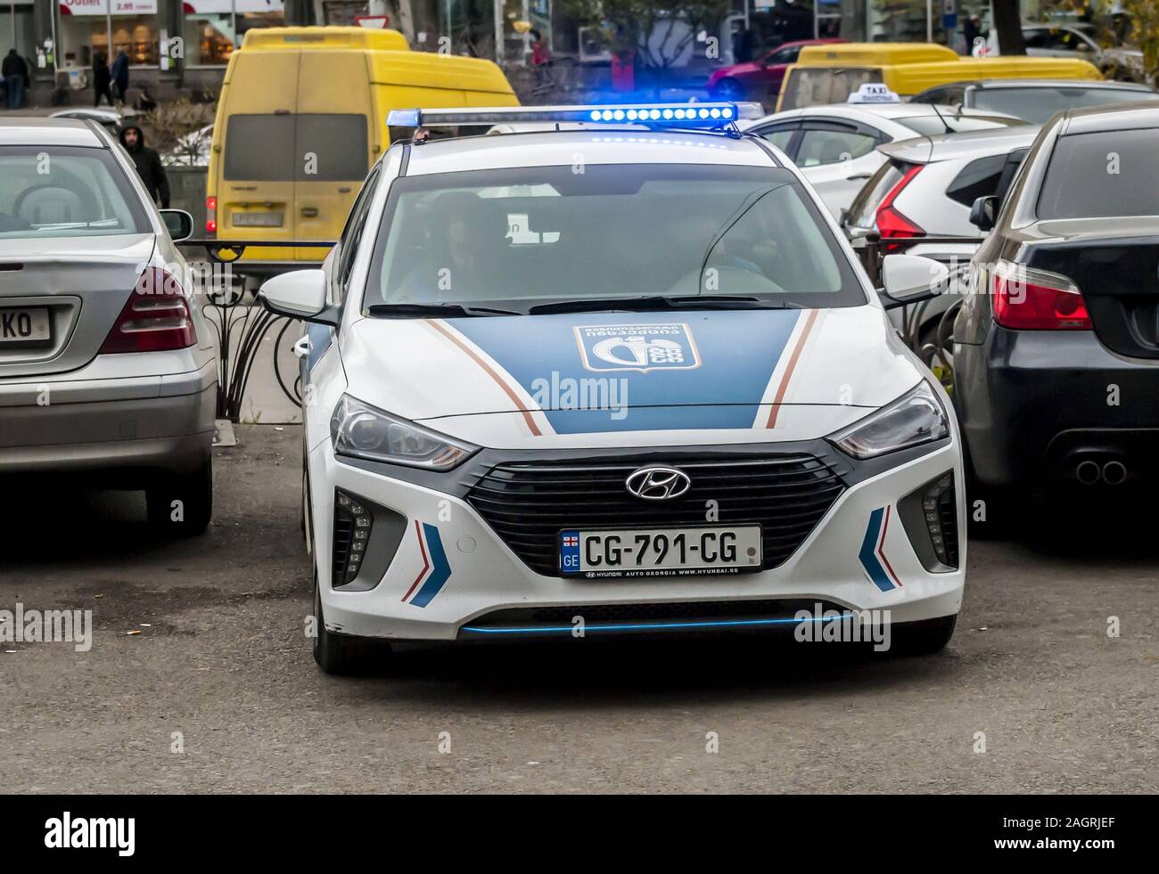TBILISI, GEORGIA. November 23, 2019. A front view of the Hyundai police ...