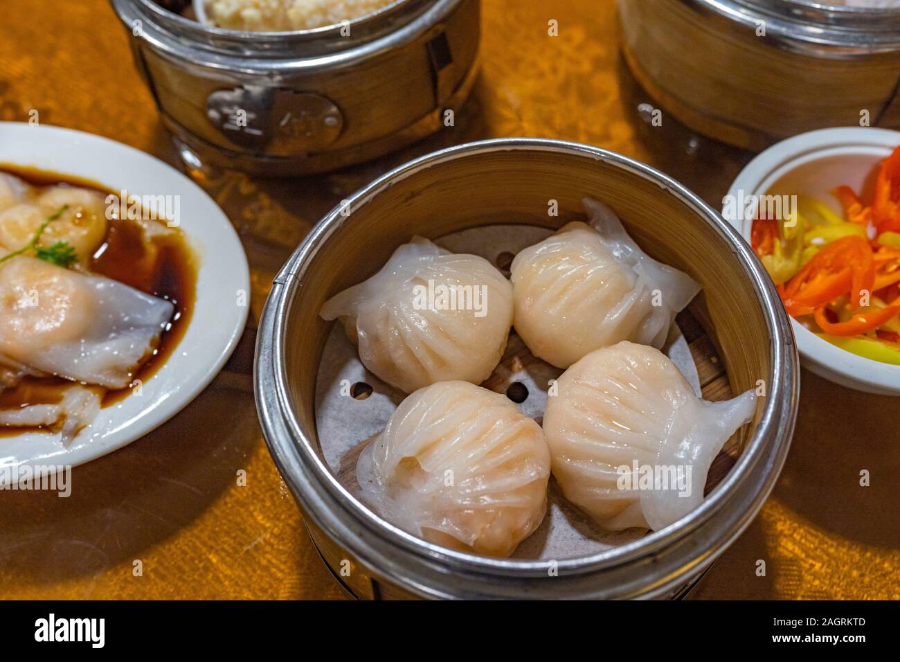 Chinese dimsum- steamed stuffed shrimp crystal dumpling in restaurant ...