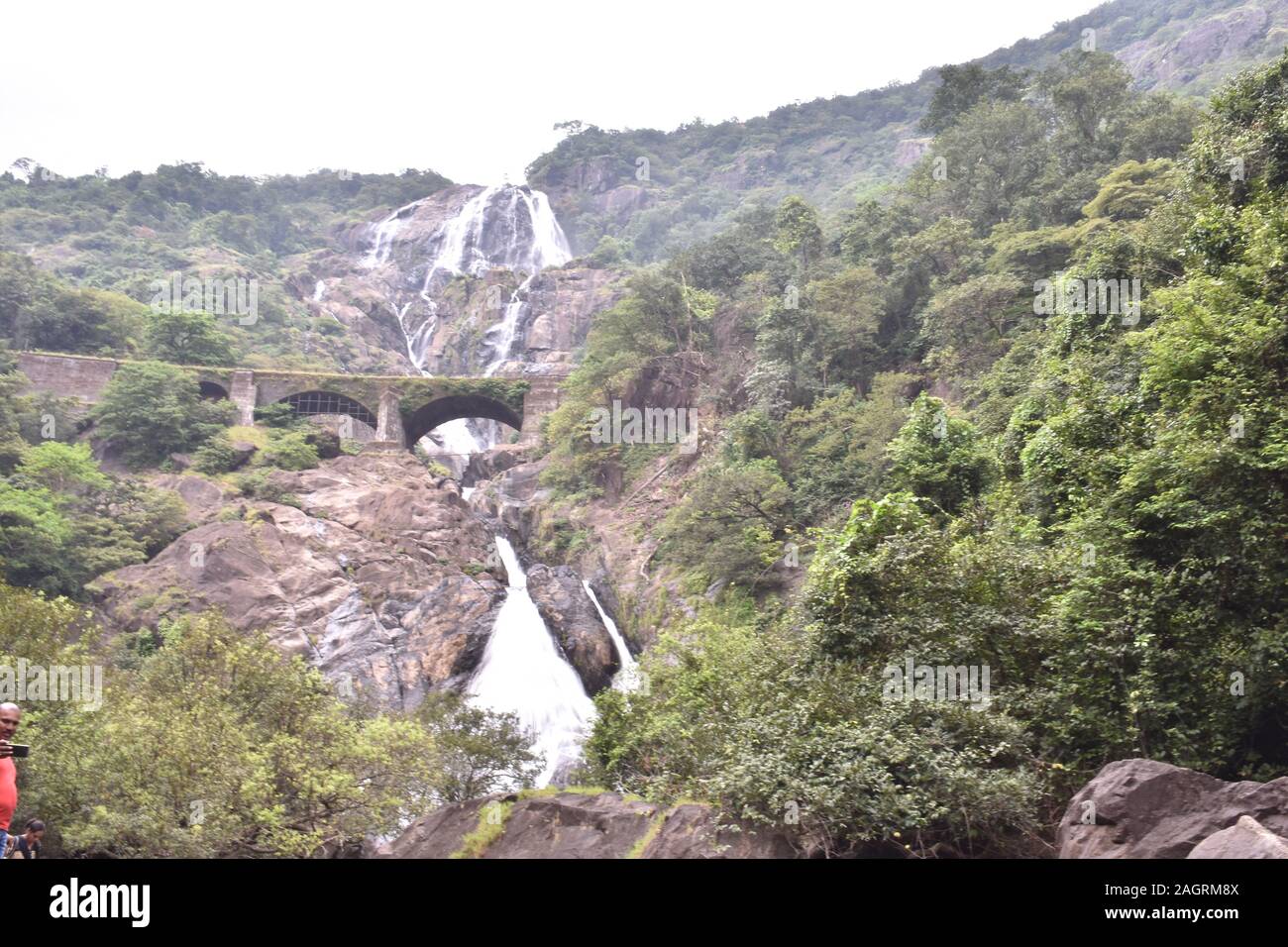 train line passing above a waterfall in goa Stock Photo - Alamy