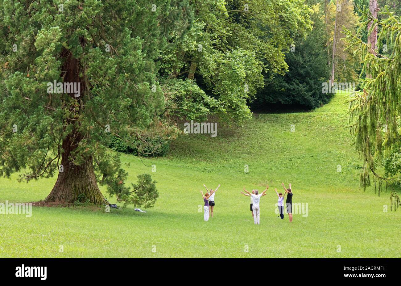 RIMSKE TOPLICE, Slovenia - August 3, 2019: A group of people exercising ...