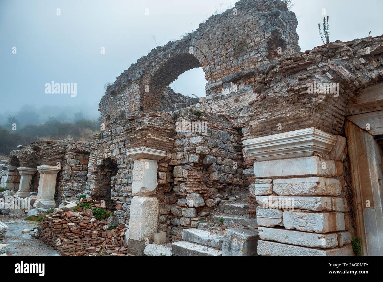 The ruins and ruins of the ancient city of Ephesus against the blue sky ...