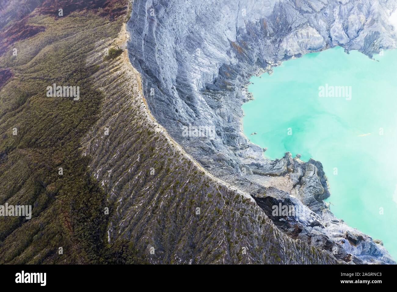 View from above, stunning aerial view of the Ijen volcano with the ...