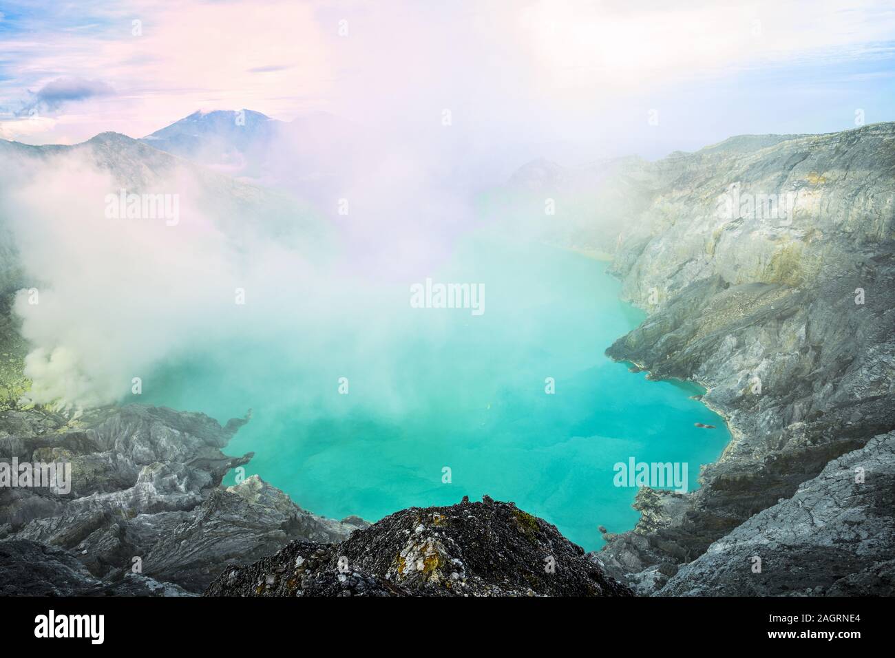 View from above, stunning view of the Ijen volcano with the turquoise ...