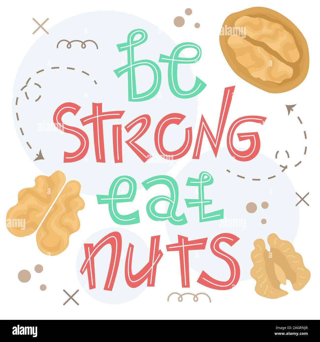 Vector illustration with walnuts and lettering - be strong eat nuts ...
