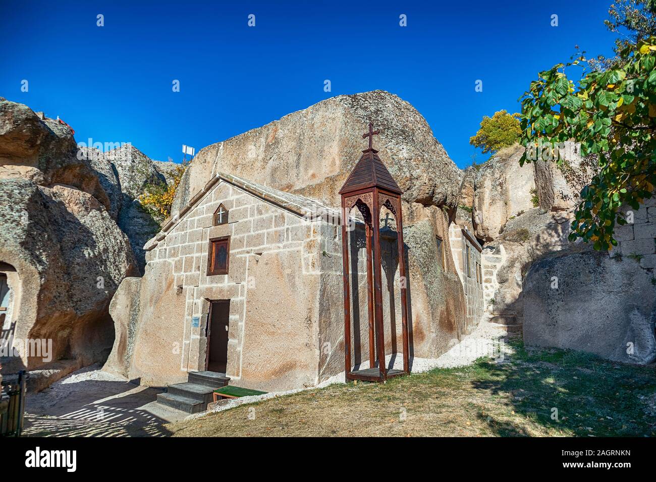 interior of a cave church with carved christian symbols of Byzantine ...