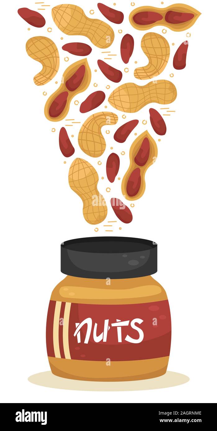 Vector illustration of nuts falling into a jars of nut paste Stock ...