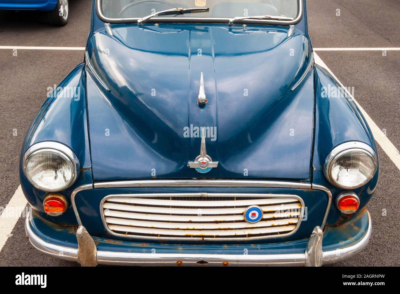Faded blue classic Morris Minor car with chrome grille Stock Photo - Alamy
