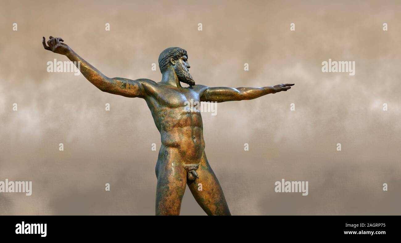 Early classical ancient Greek bronze statue of Zeus or Poseidon, circa ...