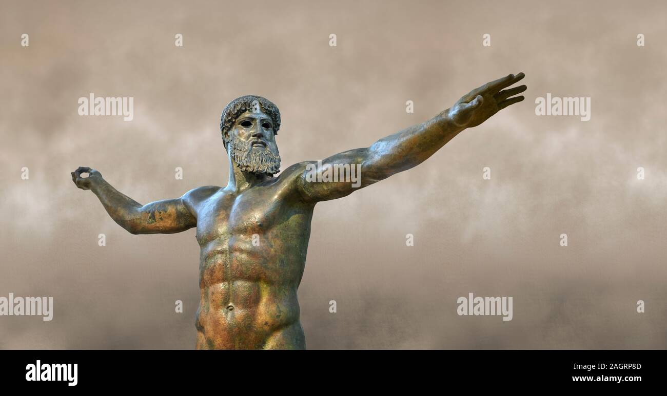 Early classical ancient Greek bronze statue of Zeus or Poseidon, circa ...