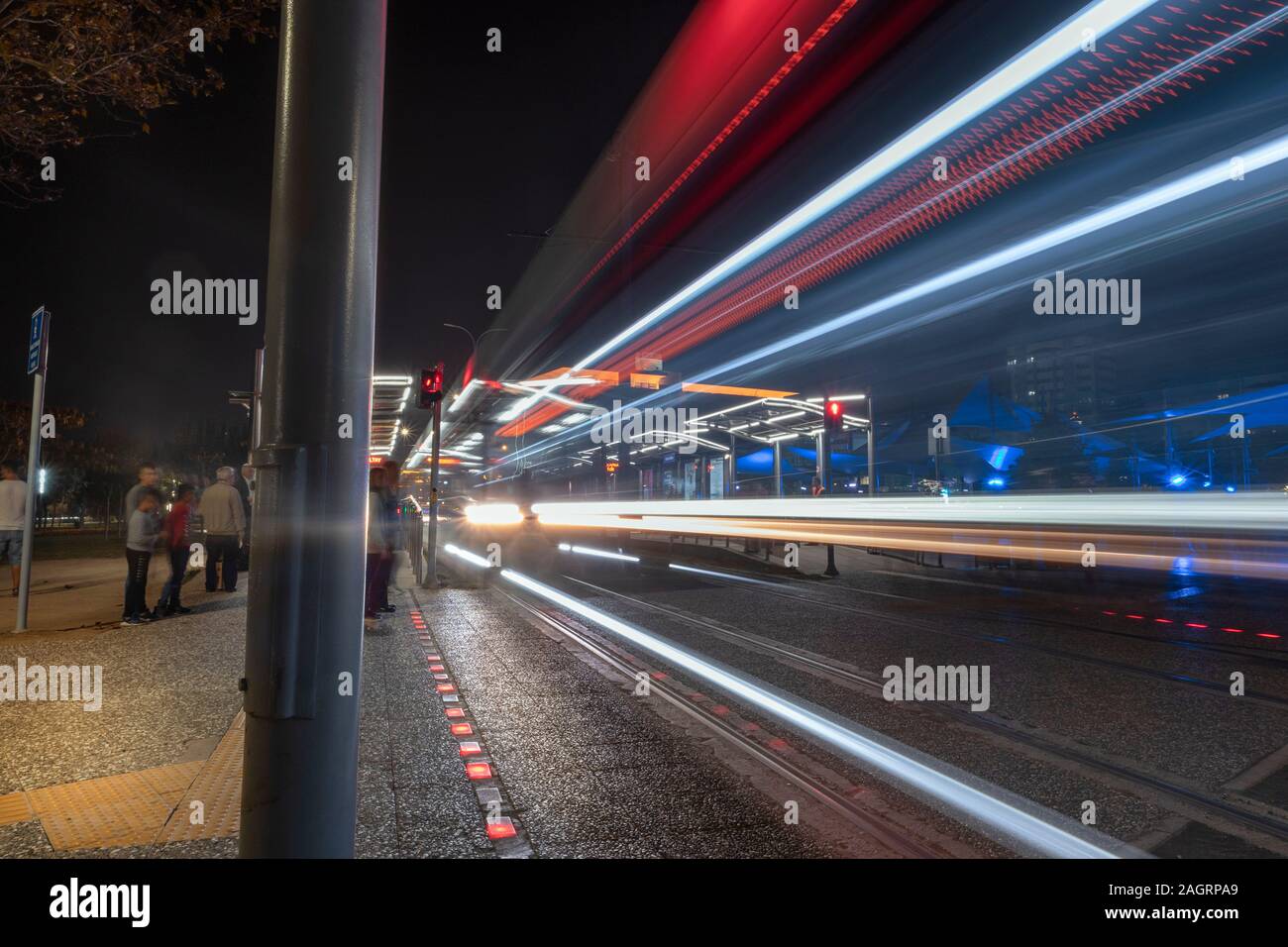 Traffic light trails from tram in downtown of Izmir,Turkey. - Image ...