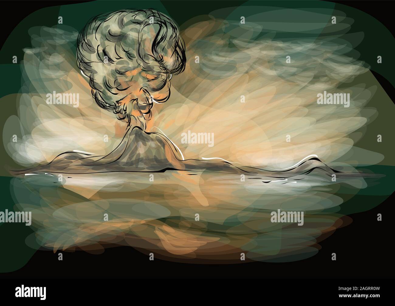 volcanic mountain eruption with sea. abstract explosion of volcano ...