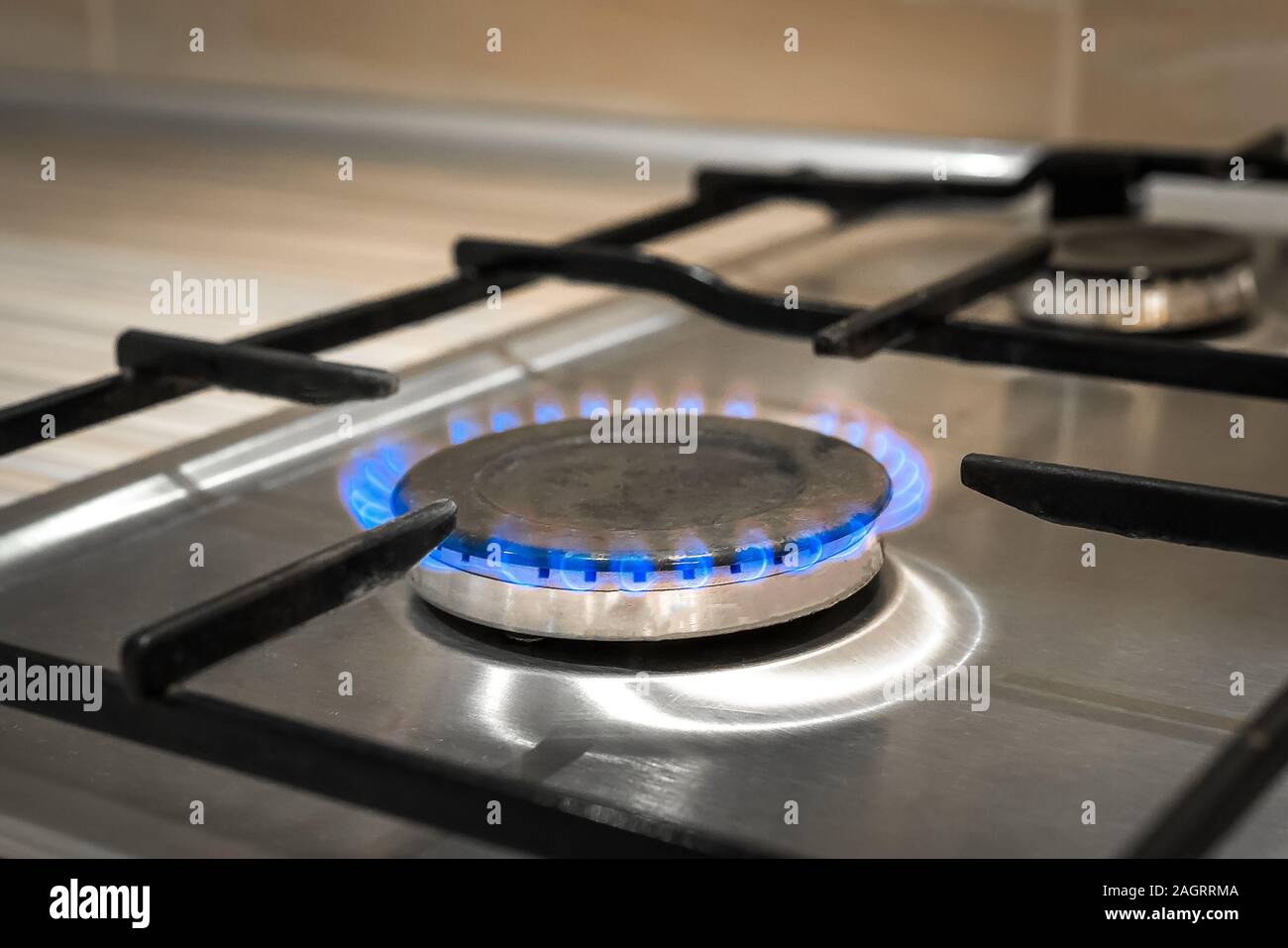 Gas flame stove on the home steel iron burning, kitchen cook Stock ...