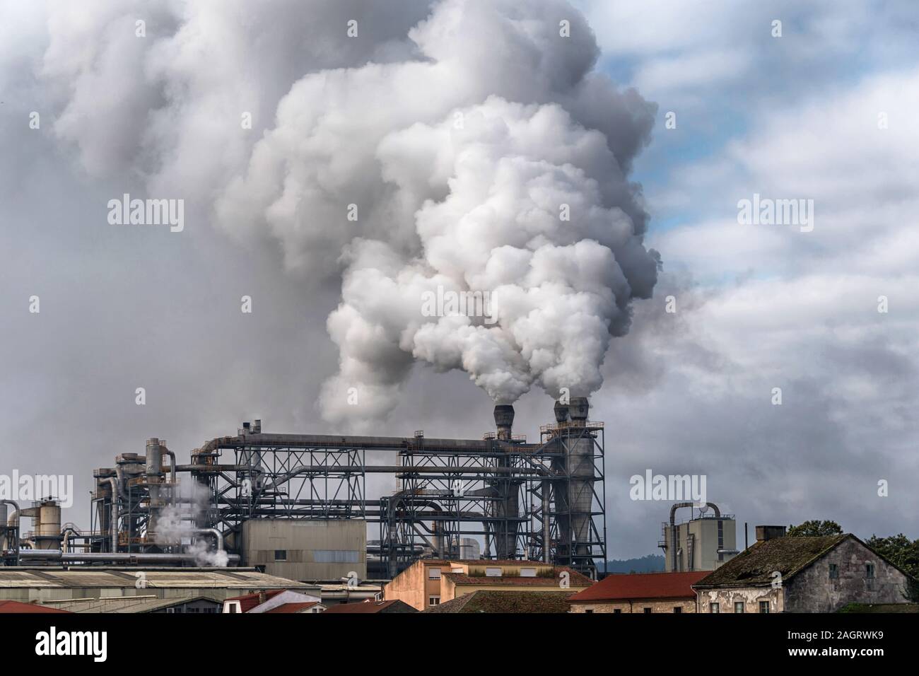 Chemical factory with smoke stack. Smoke emission from factory pipes ...