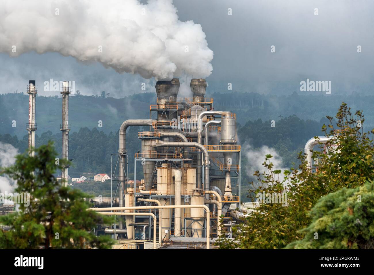 Chemical factory with smoke stack. Smoke emission from factory pipes ...