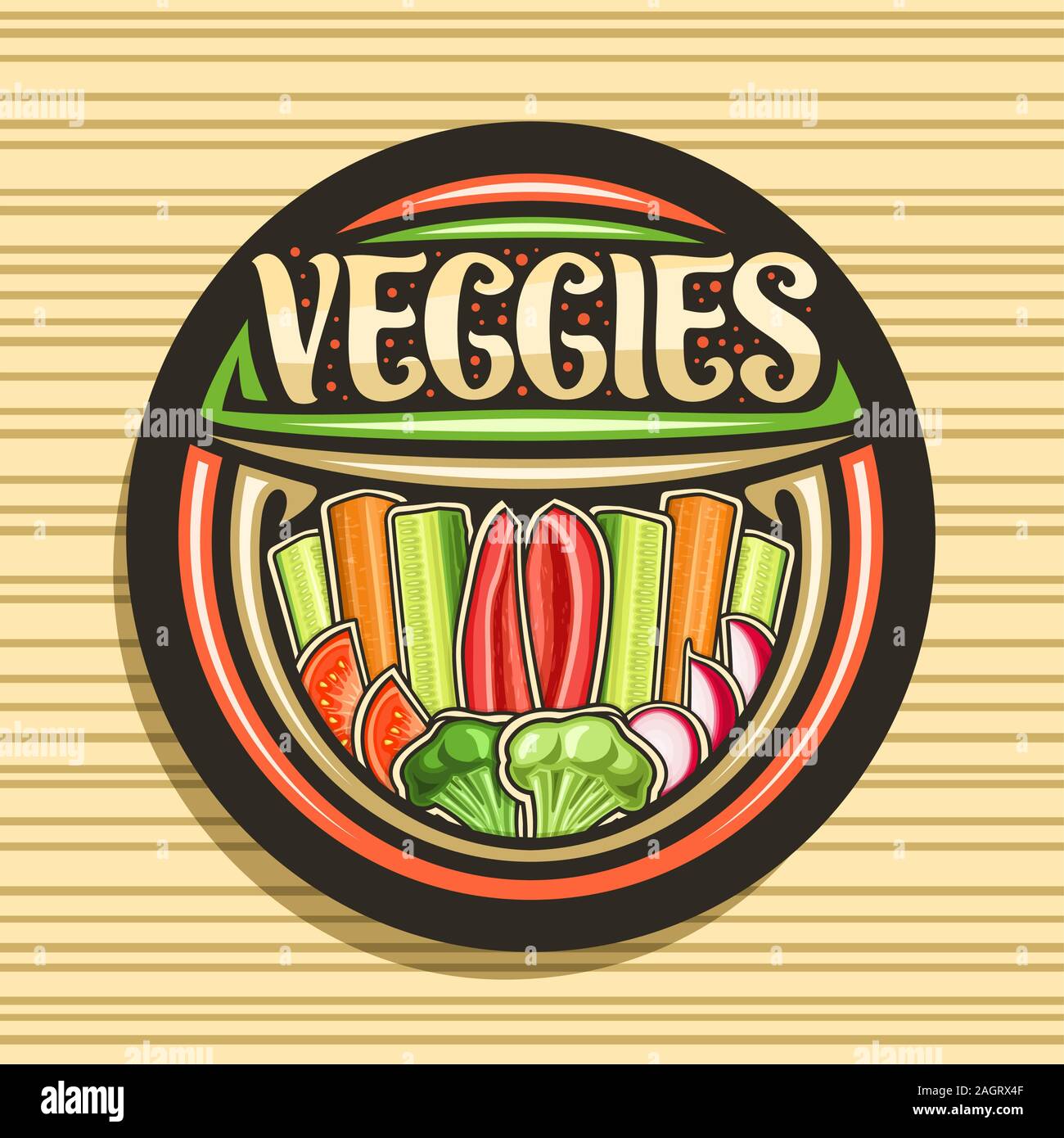 Vector logo for Veggies, dark tag with illustration of raw vegetables ...