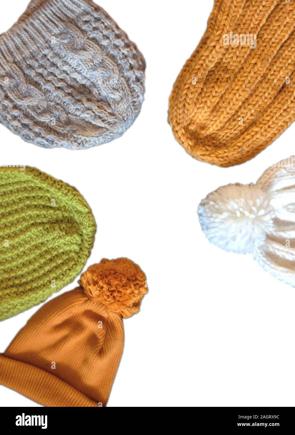 Different types of Knitted hat, yellow, green, white, gray on a white ...