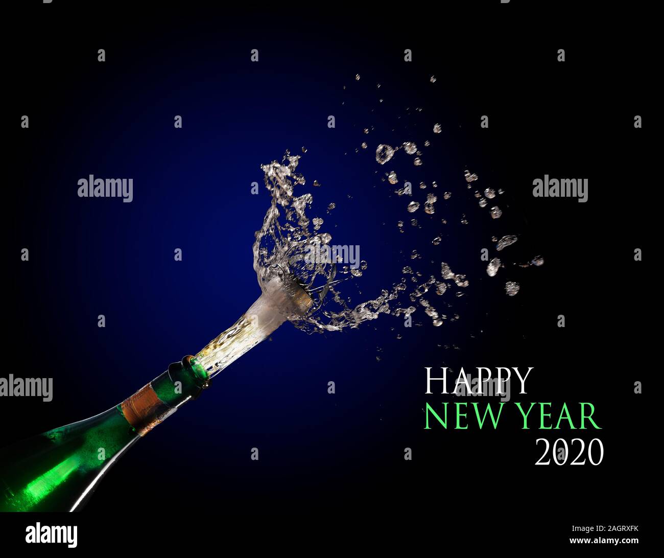 Happy New Year 2020 text and a champagne bottle exploding and shooting ...