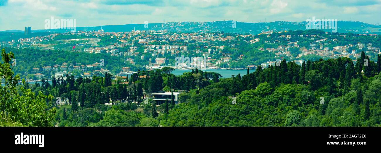 Istanbul panorama banner. View from the hill on summer green banks of ...