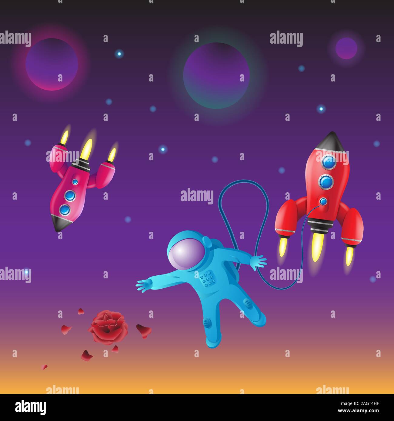 Cartoon astronaut and rocket in space on an isolated background. Vector ...