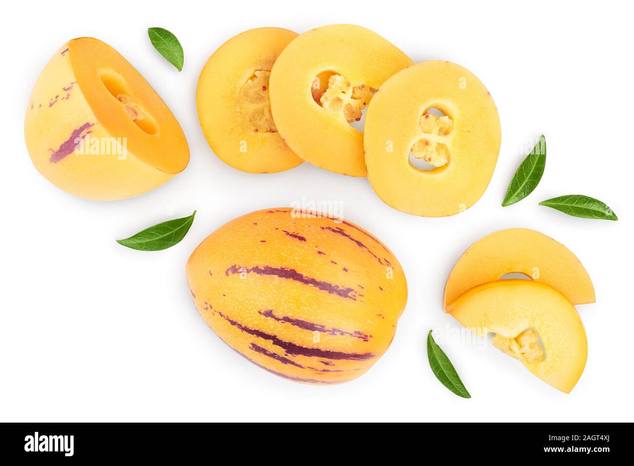 Fresh Pepino fruit with leaves isolated on white background. Top view ...