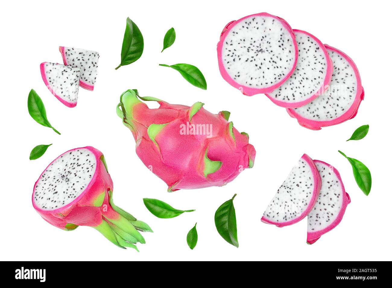 Dragon fruit, Pitaya or Pitahaya isolated on white background. Top view ...