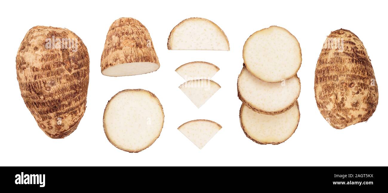 fresh taro root isolated on white background. Top view. Flat lay. Set ...