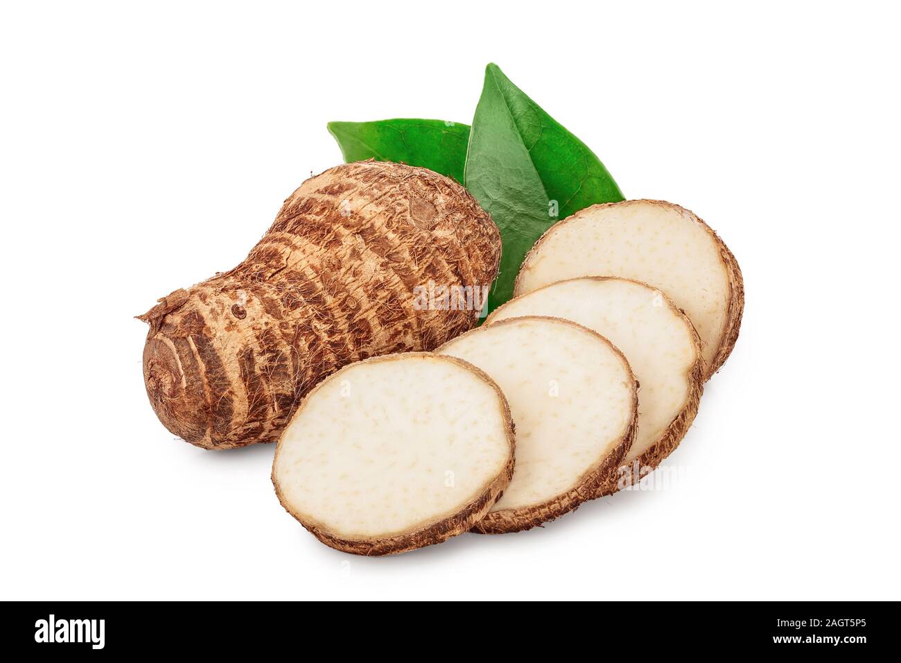 fresh taro root sliced with leaf isolated on white background Stock ...
