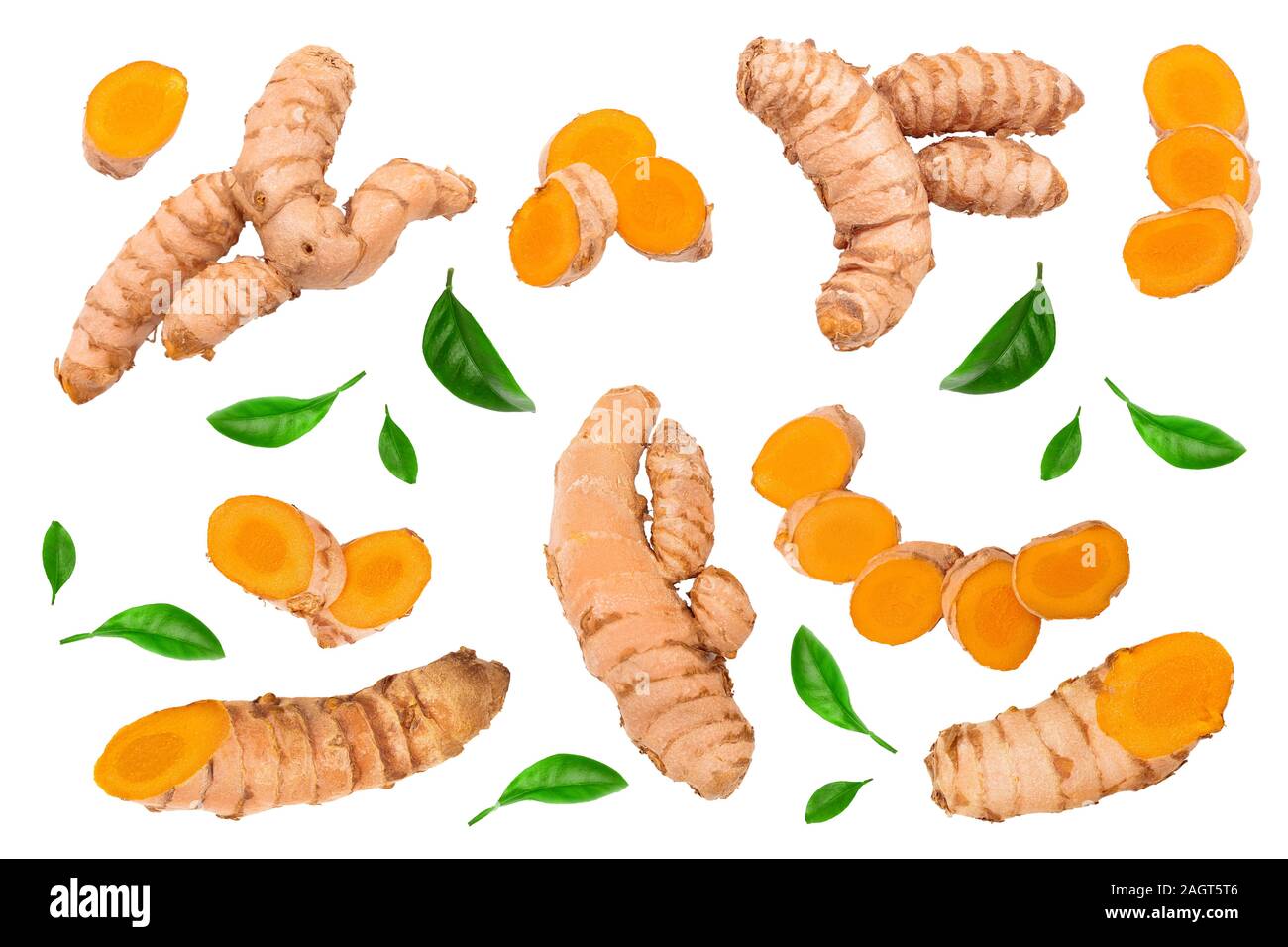 turmeric root and slices isolated on white background with copy space ...