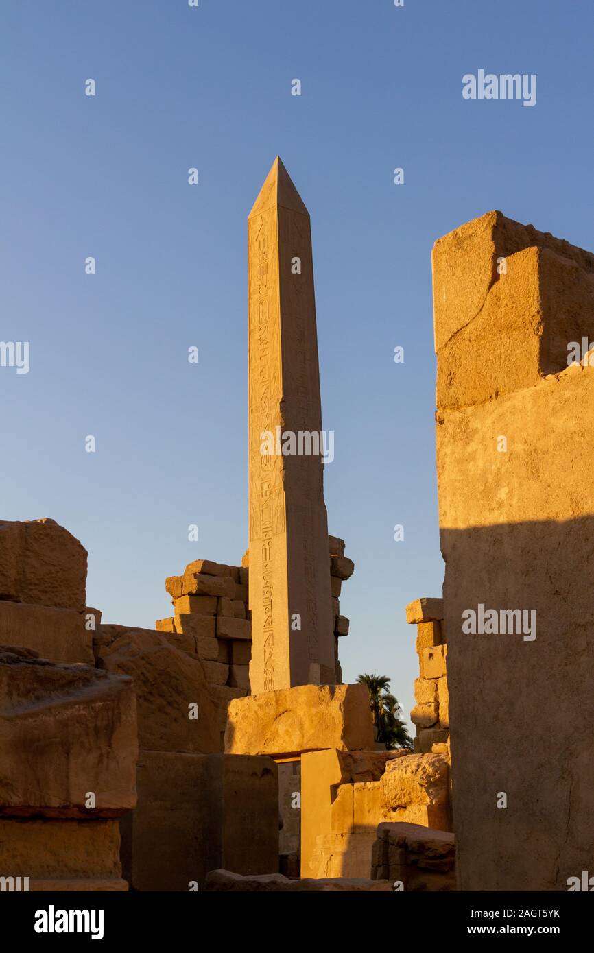 Obelisk with hieroglyphics at the temple of Karnak in Luxor Stock Photo ...