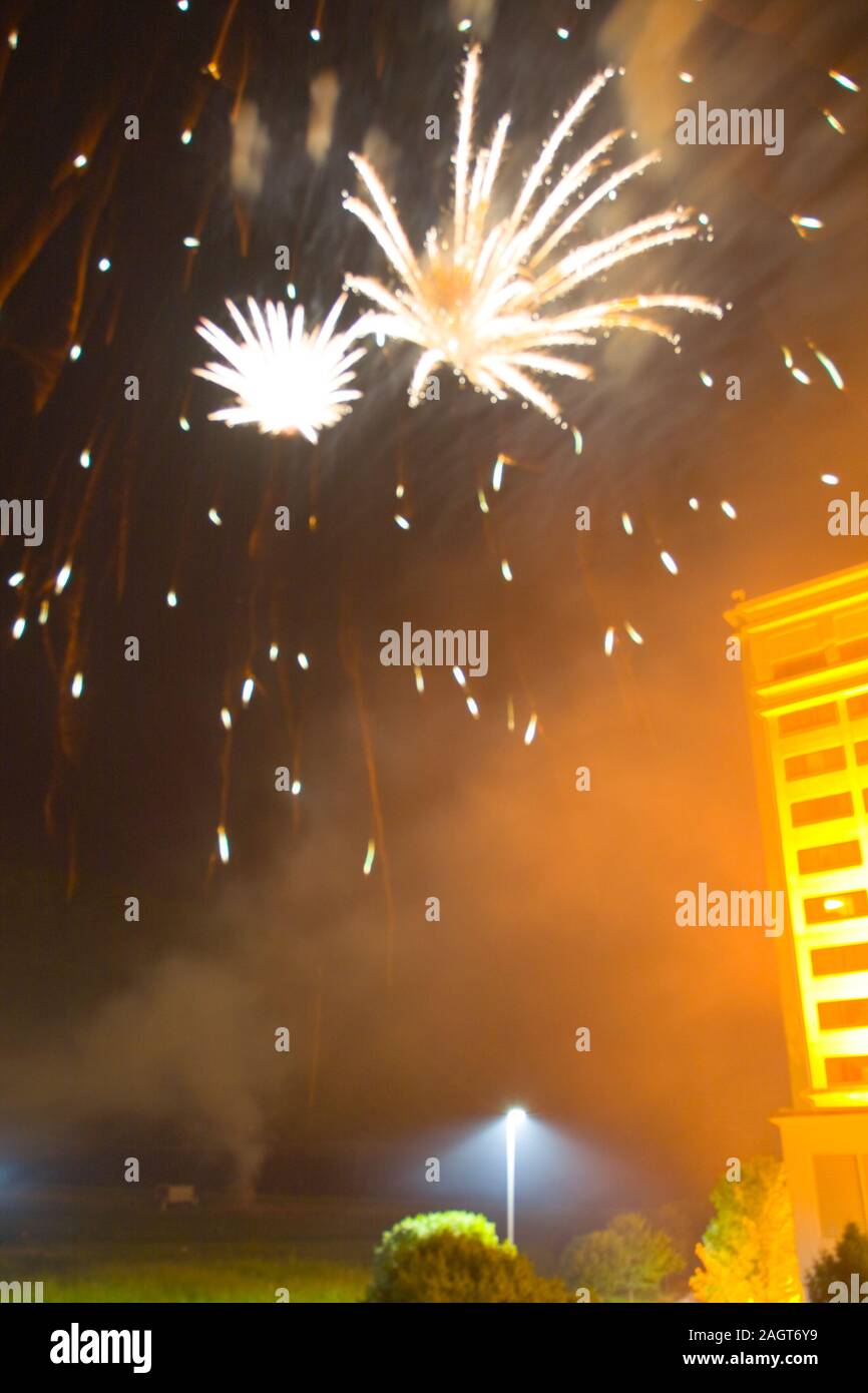 Fireworks Display Next to Building Stock Photo - Alamy