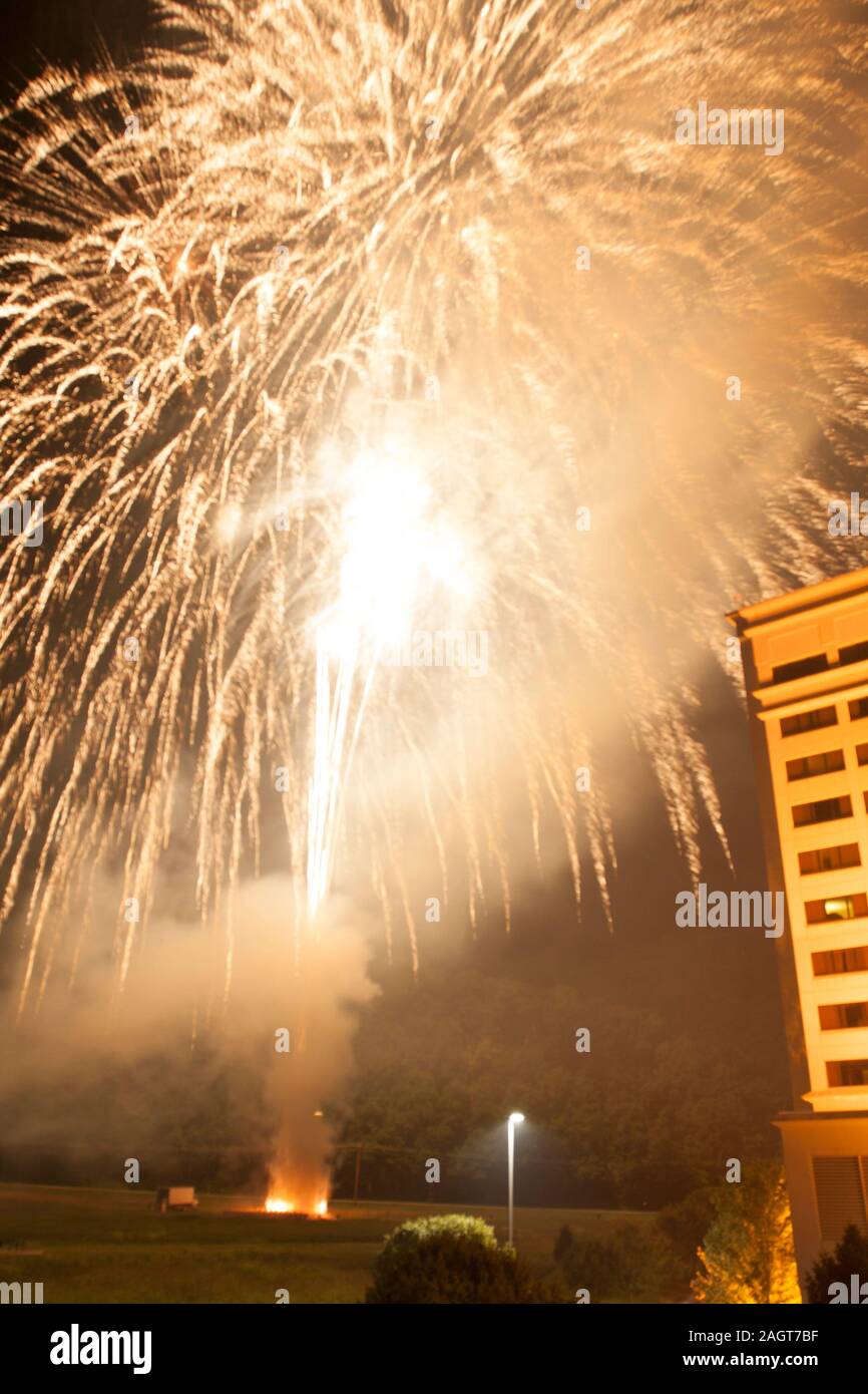 Fireworks Display Next to Building Stock Photo - Alamy