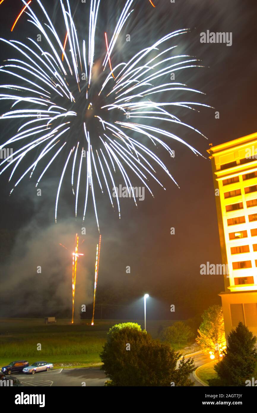 Fireworks Display Next to Building Stock Photo - Alamy
